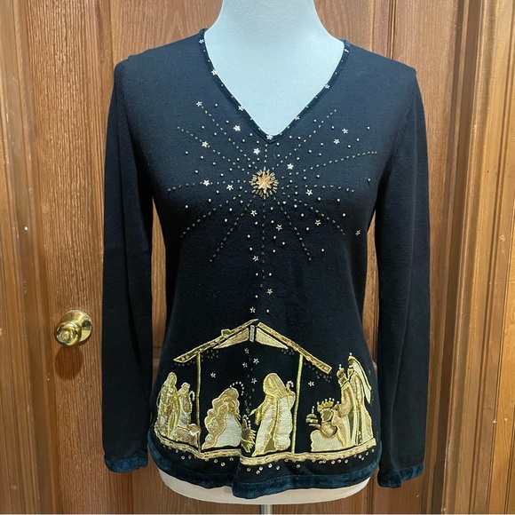 berek | Tops | Vintage Berek Black Knit Top With Stunning Gold Nativity ...